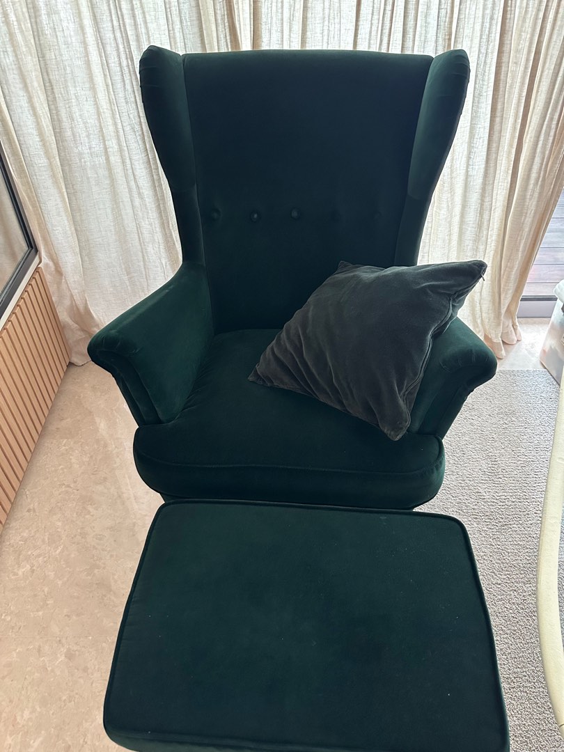 IKEA Strandmon Wing Chair (green) with footstool and pillow, Furniture ...