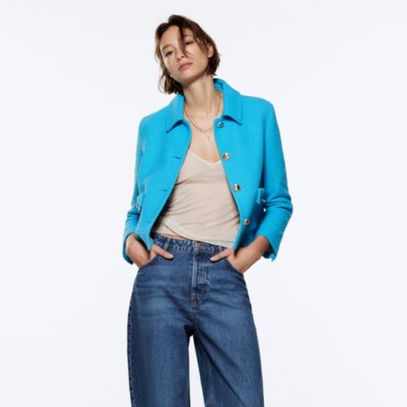 Zara TurquoiseTexture Gold Button Blazer, Women's Fashion, Coats ...