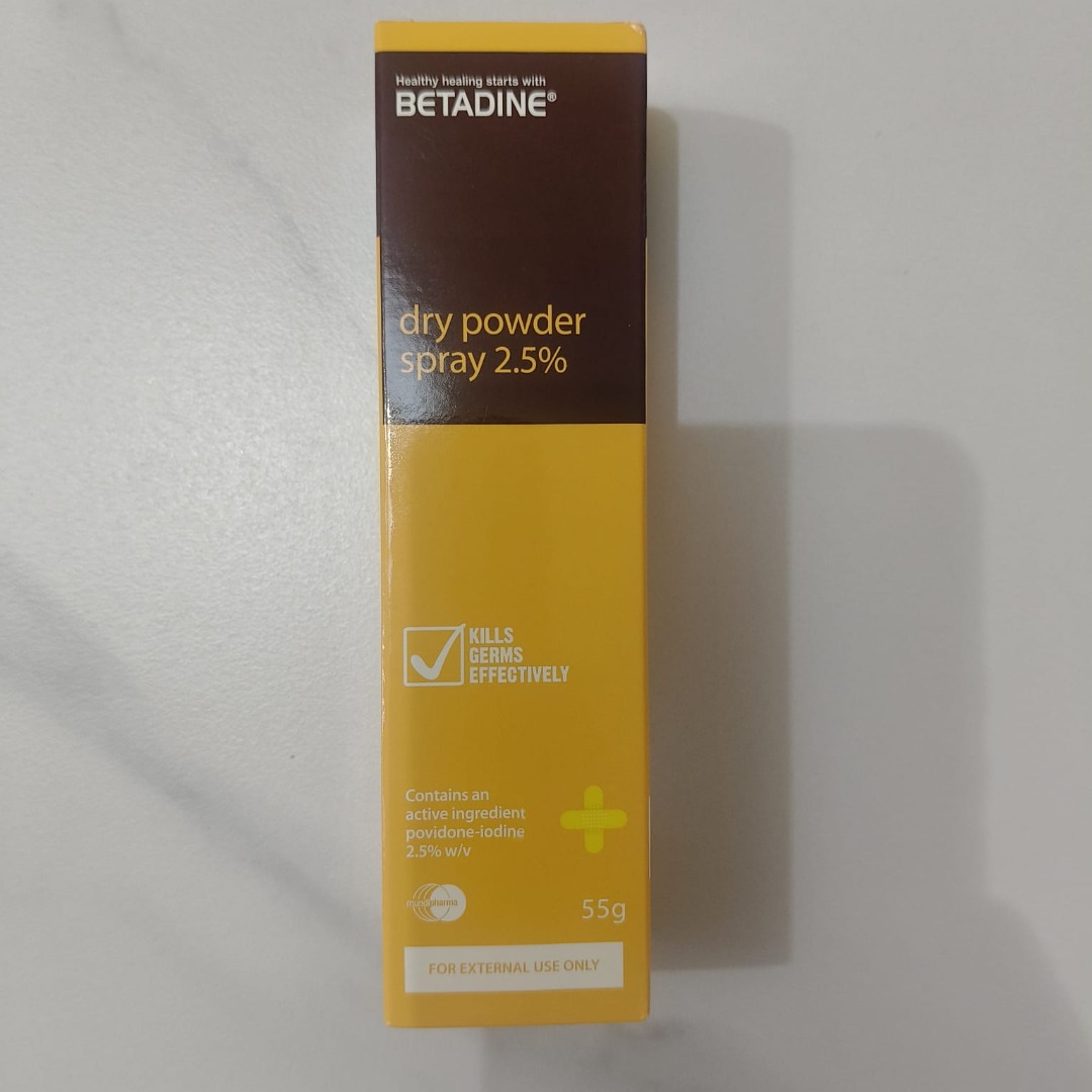 Betadine Antiseptic Dry Powder Spray PVP-I 2.5% for Wound Care 55g, Health & Nutrition, Medical ...