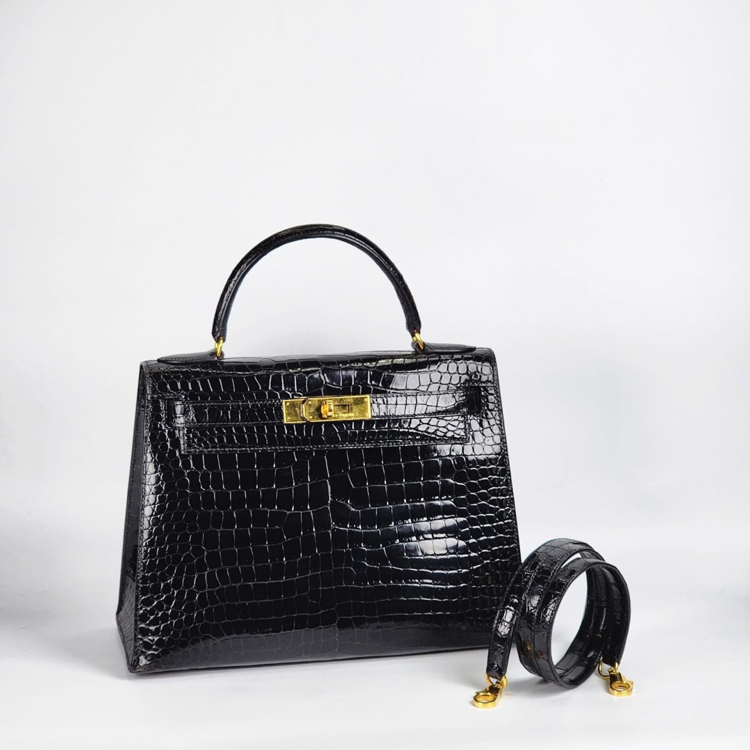 Hermes Kelly 28 Croc Black, Luxury, Bags & Wallets on Carousell