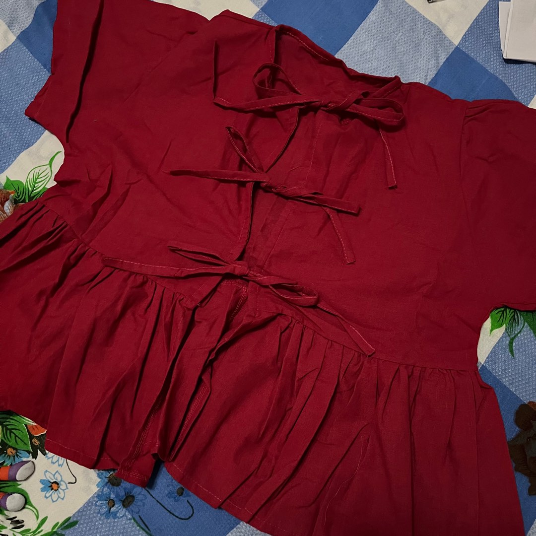 Red Ribbon Tie Girly Blouse, Women's Fashion, Tops, Blouses on Carousell