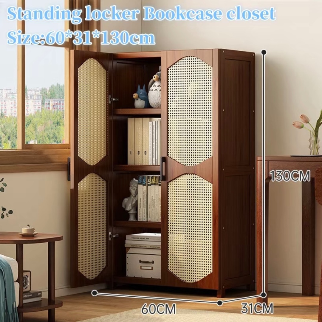 Standing Book Cabinet | Rattan Door Bookcase With Shelves | Vertical ...