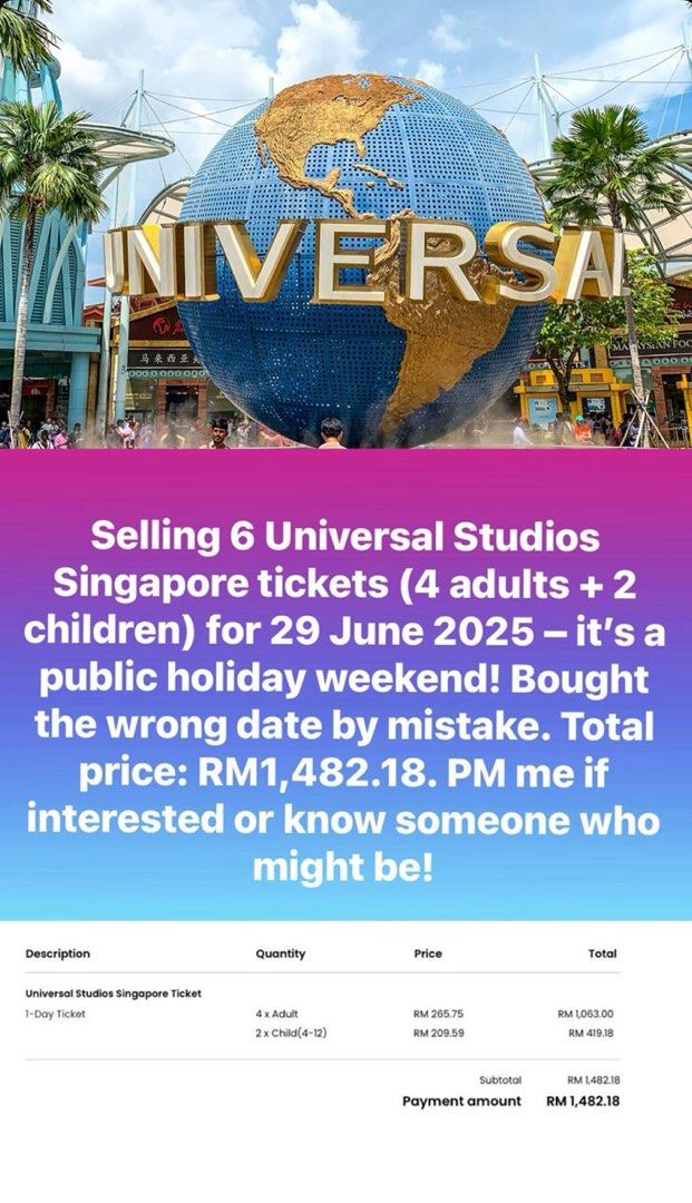 Universal Studios Singapore 29th June (Sunday) 1-Day Ticket, 4 adults 2 ...