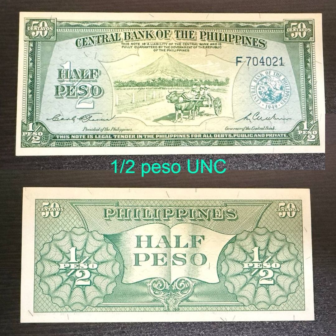 1/2 Half Peso UNC 1950s English Series Mayon Philippine Banknotes ...