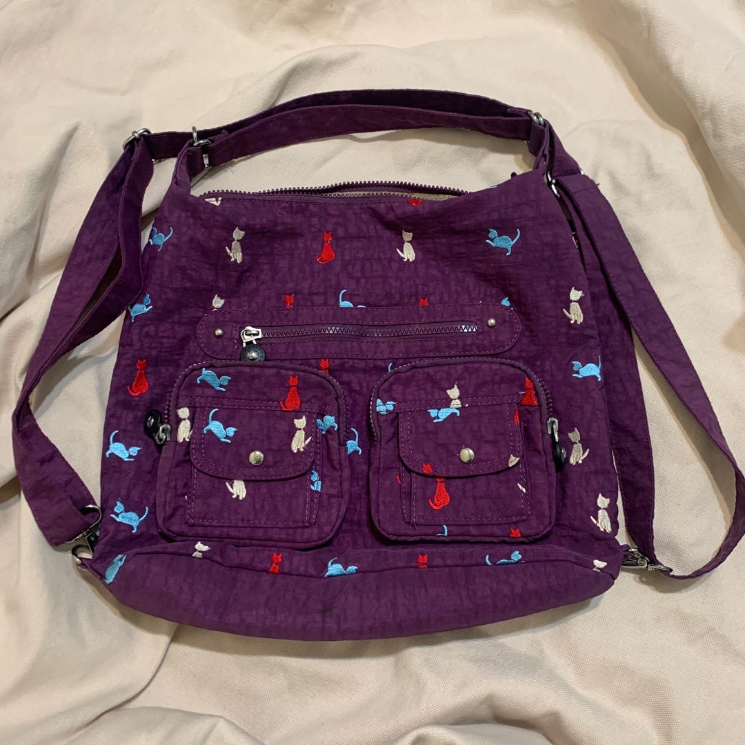二手｜CABACI★CABACI淘氣小貓刺繡尼龍肩背側背後背三用包｜葡萄紫, 她的時尚, 包包、錢包, 肩背、側背包在旋轉拍賣