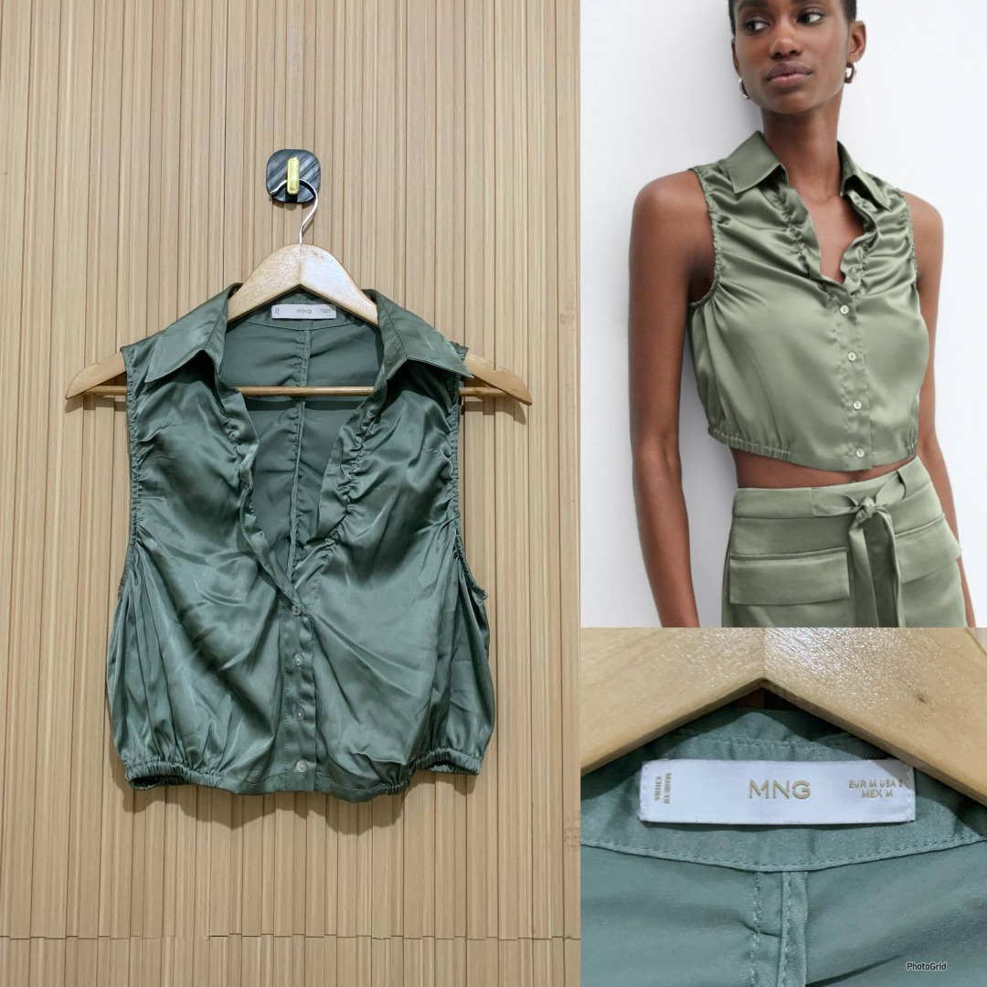 MAngo sage green satin top, Women's Fashion, Tops, Blouses on Carousell