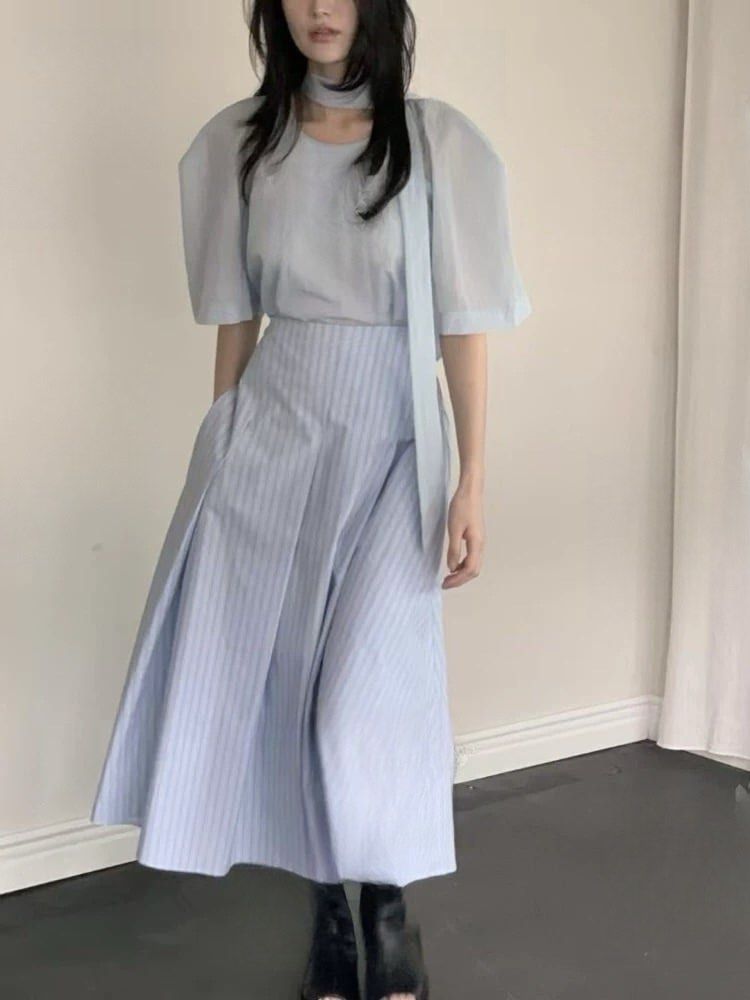 Rare! Long light blue skirt rok panjang biru flare a line stripe korea ...