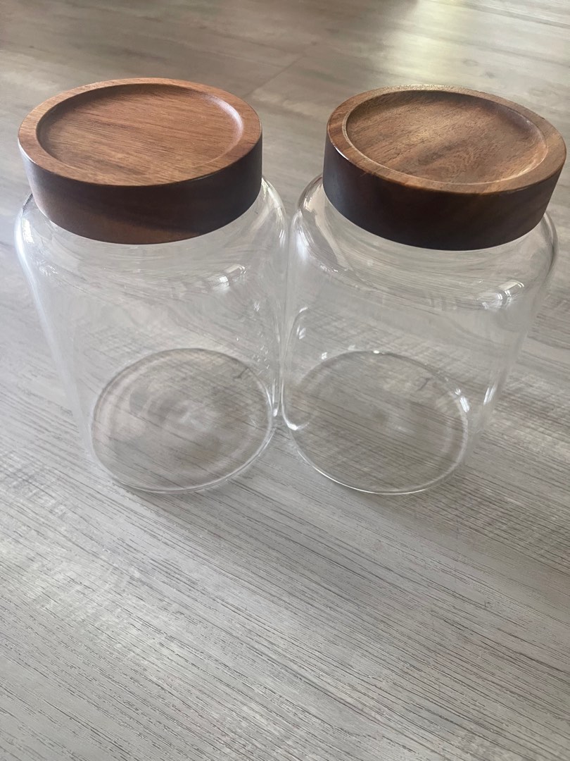 Airtight Glass storage Jar Large Threaded Wooden Lid, Furniture & Home ...