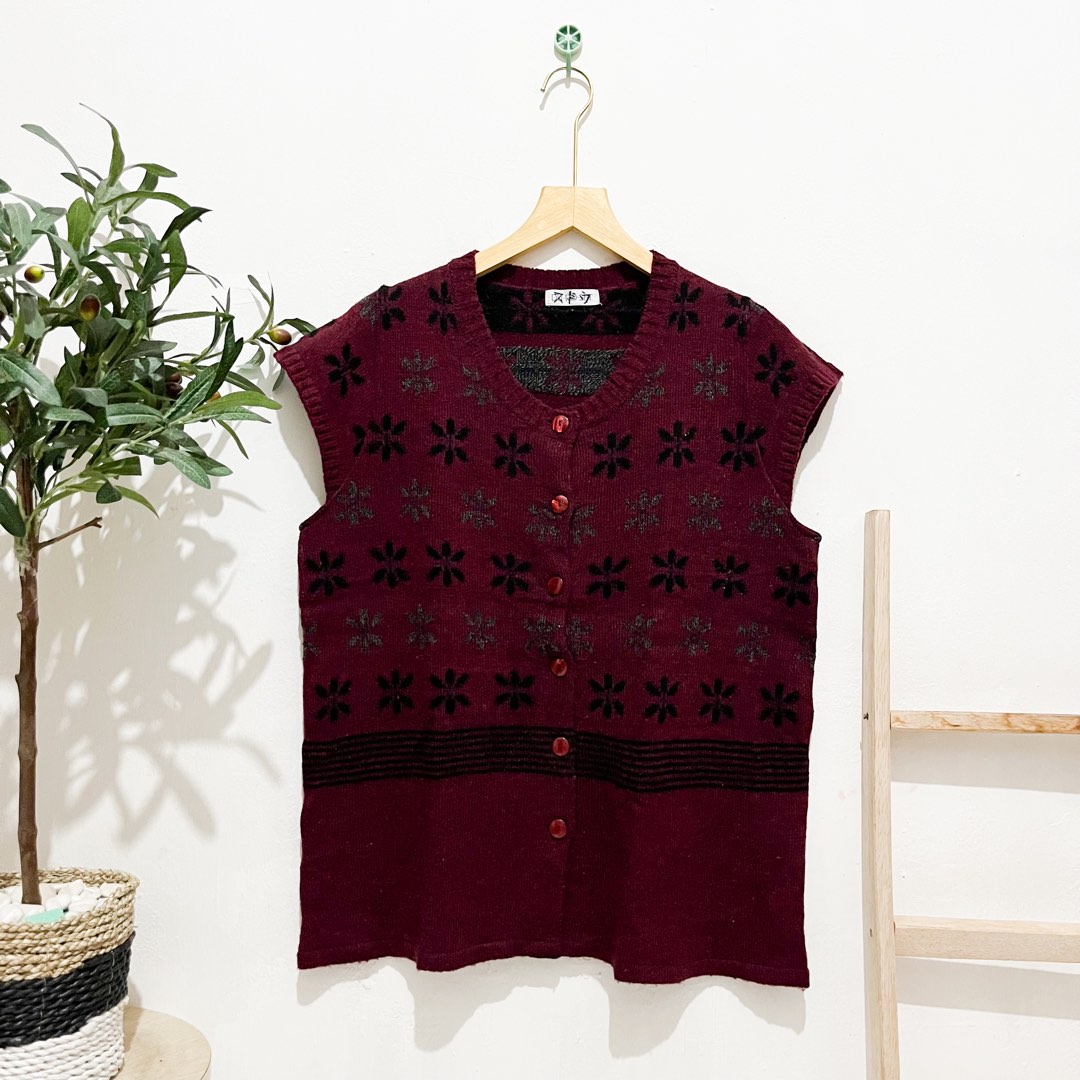 vest rajut kancing kerah O burgundy maroon knitwear kode 485 ME, Fesyen ...