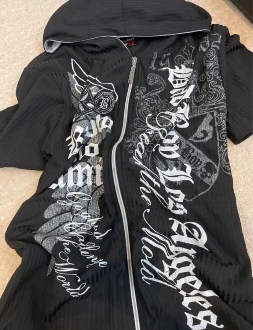 affliction black hoodie zip up jacket top y2k off shoulder grunge goth ...