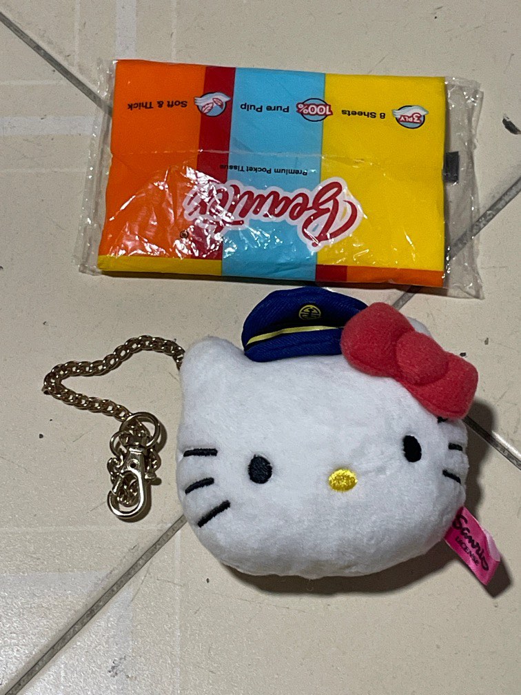 Hello Kitty keychain plush toy train conductor's hat signature red bow ...