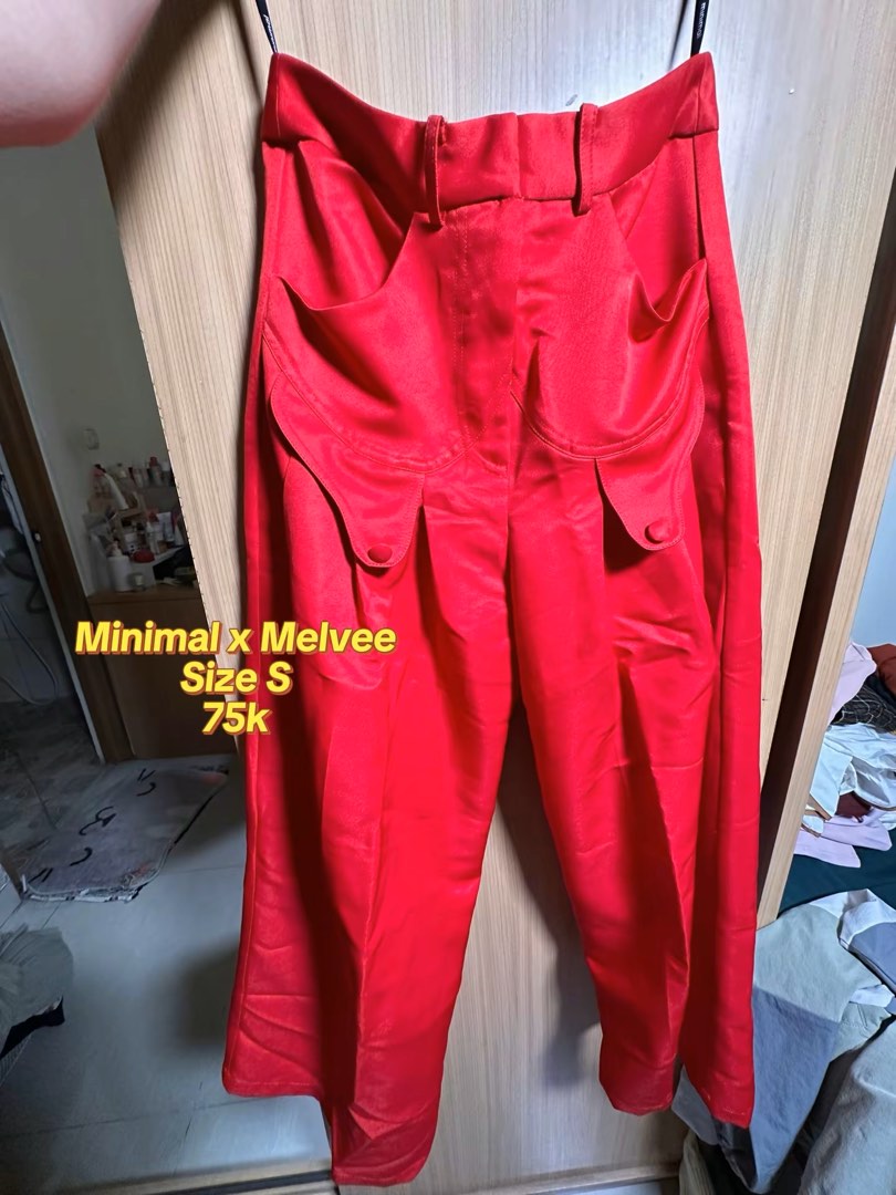 MINIMAL X MELVEE RED PANTS, Fesyen Wanita, Pakaian Wanita, Bawahan di Carousell