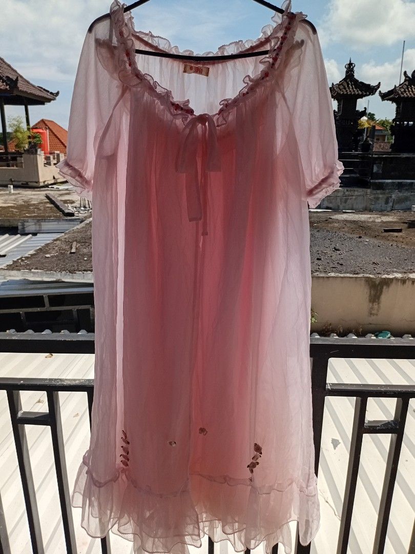 Soft Flowy Pink Tulle Floral Embroidery Sleeping Set Gown Baju Bobo ...