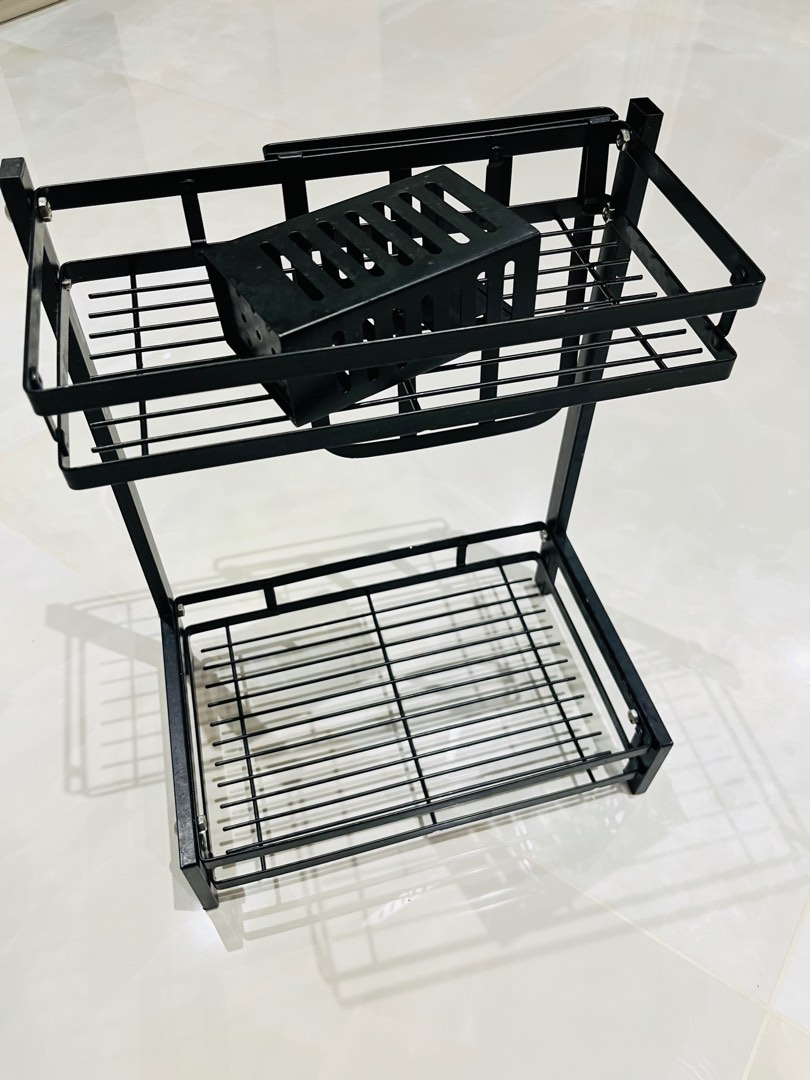 Black 2-Tier Kitchen Rack with Utensil Holder, Furniture & Home Living ...