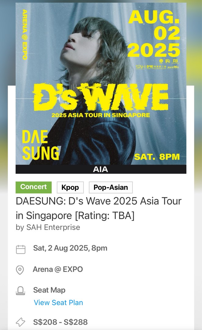 DAESUNG: D's Wave 2025 Asia Tour in Singapore, Tickets & Vouchers, Event Tickets on Carousell