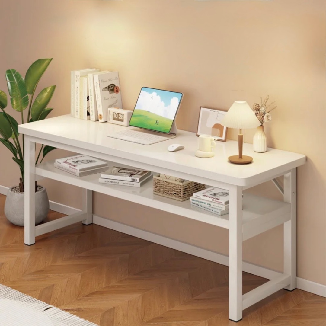 Minimalist Writing Desk With Shelf | White Steel Frame Study Desk ...