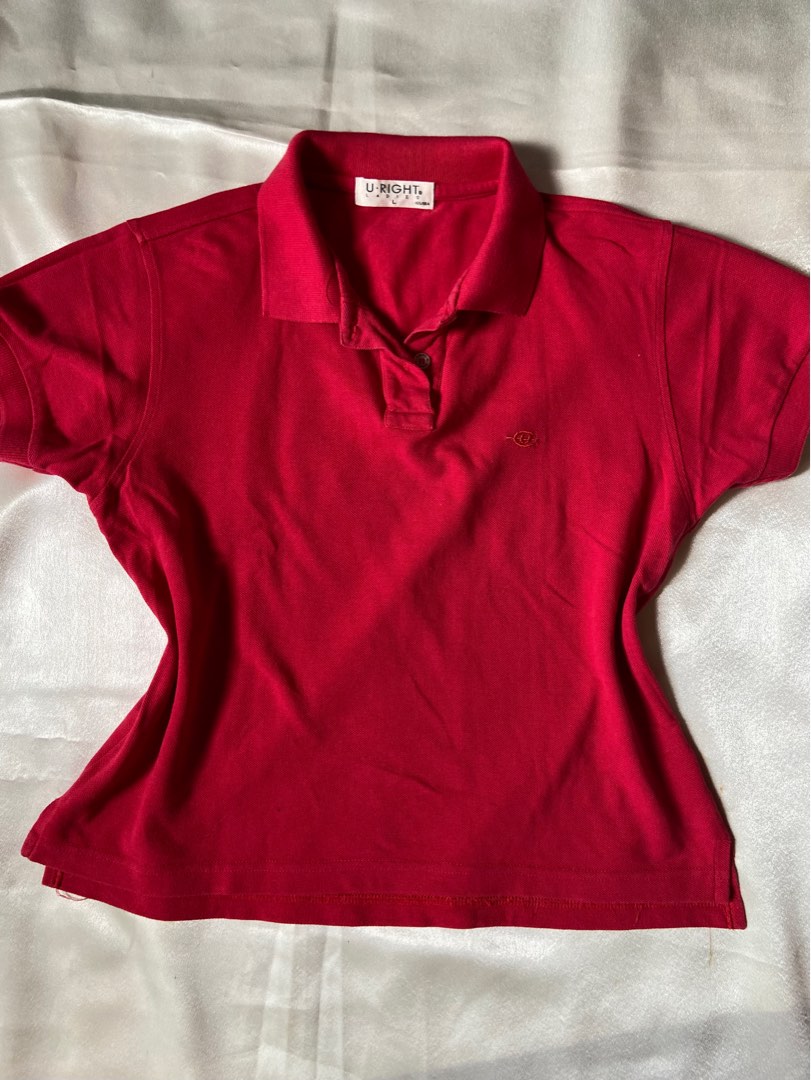 red polo collar neck top, Women's Fashion, Tops, Blouses on Carousell