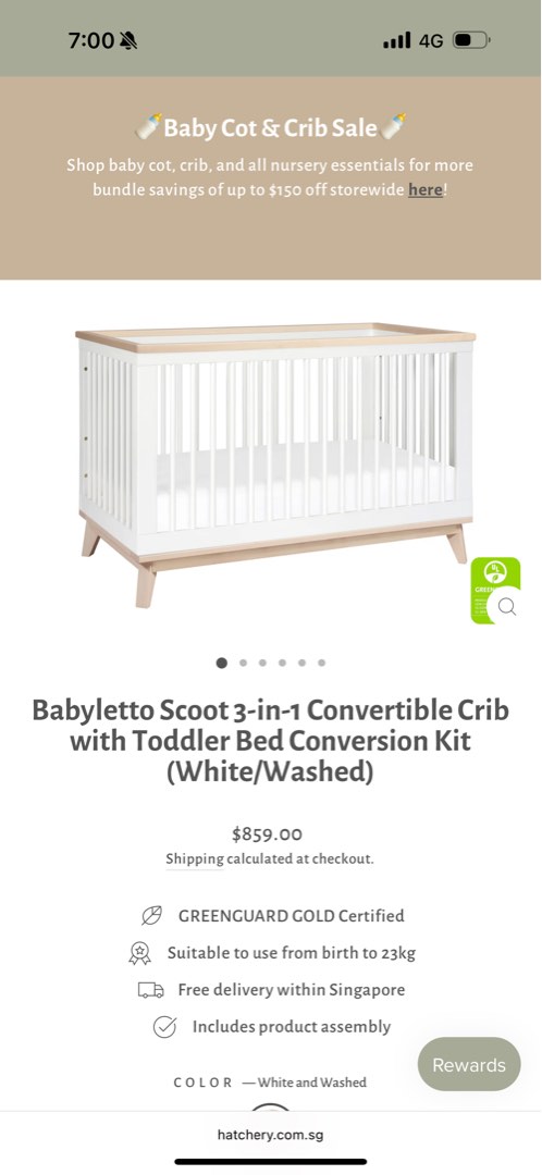 Babyletto Scoot 3-in-1 Convertible Crib (White/Washed), Babies & Kids ...