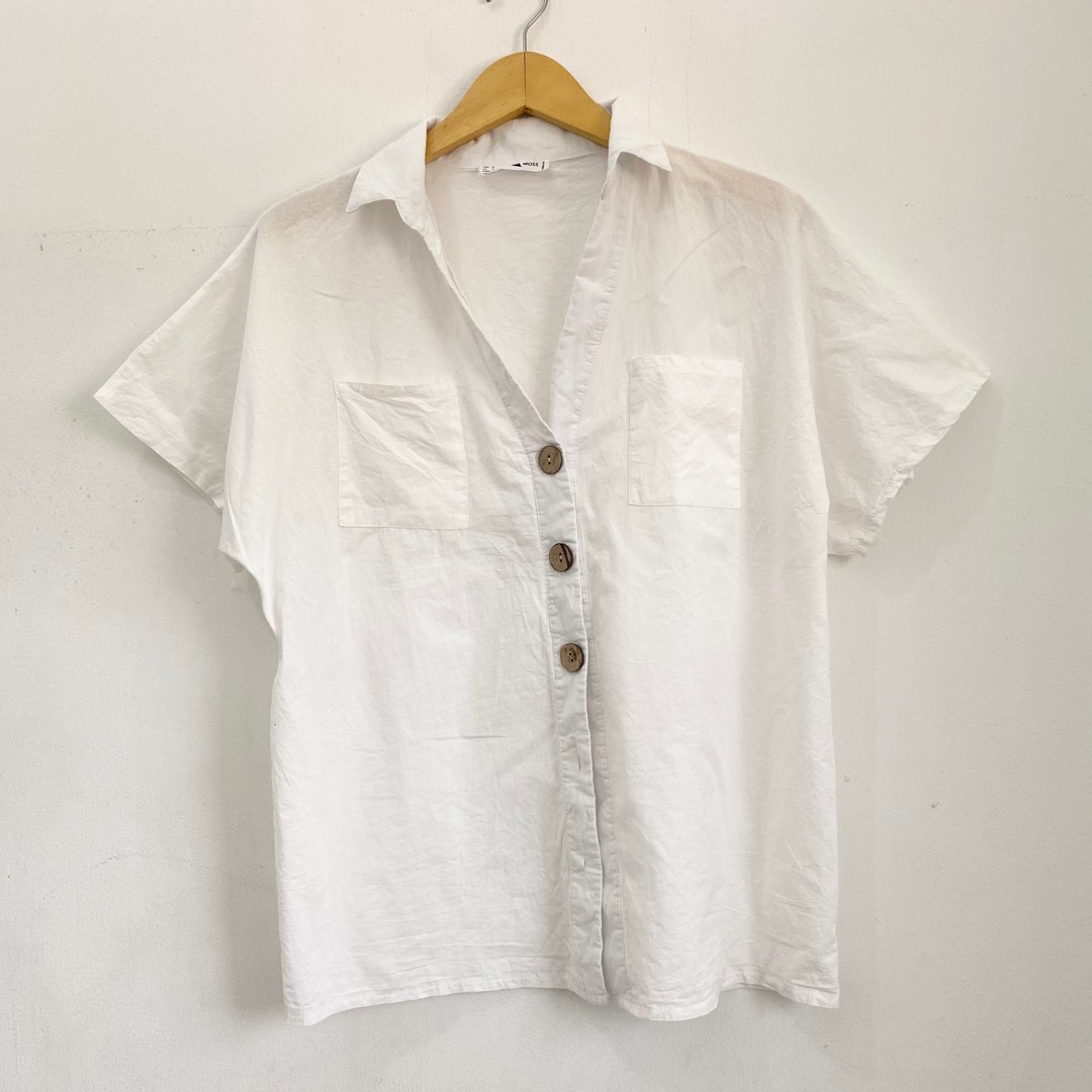 Broken white linen top baju kemeja lengan pendek putih, Fesyen Wanita ...