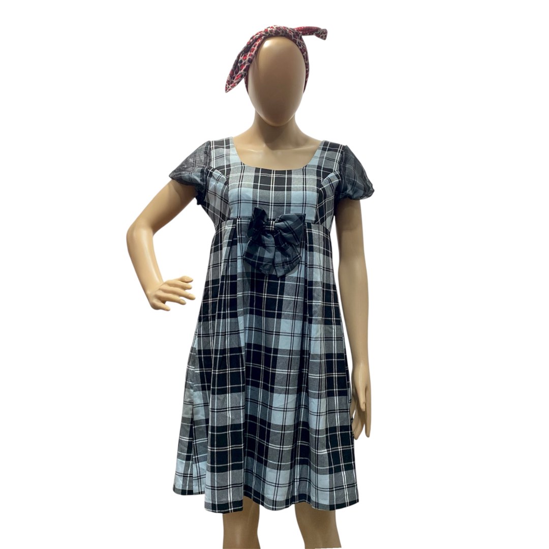 Flare dress midi pita biru muda mix hitam kotak2 L, Fesyen Wanita ...
