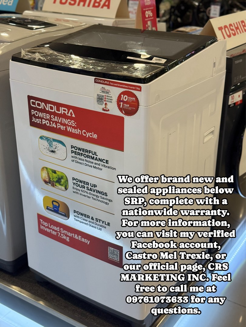 💚 CONDURA TOPLOAD AUTOMATIC WASHING MACHINE INVERTER CWM7.5TLDI-W 7.5KG ...