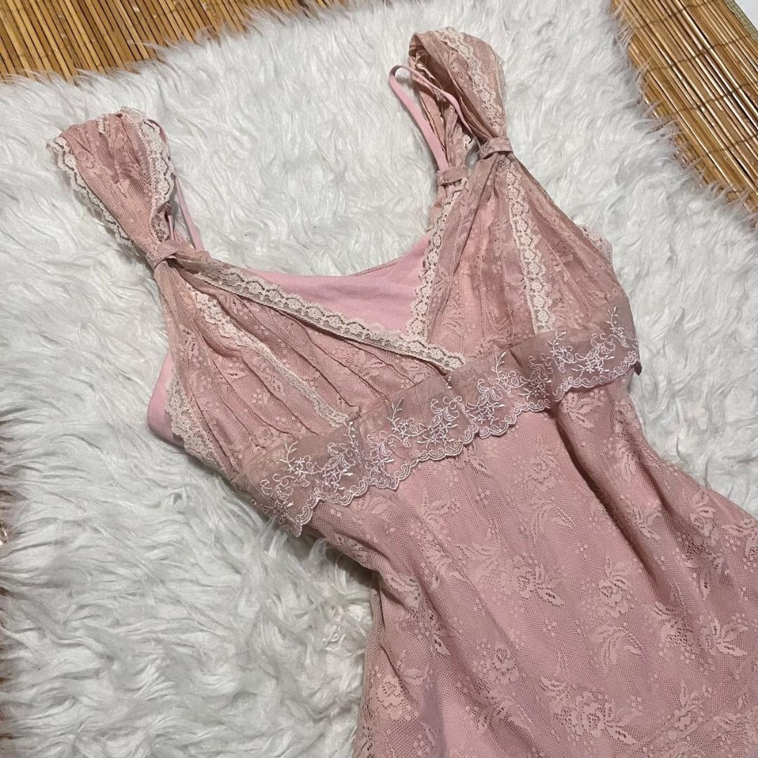 Pink Lace Bustier Fairycore Floral Double Strap Vintage Camisole | Tanktop motif renda bunga ...