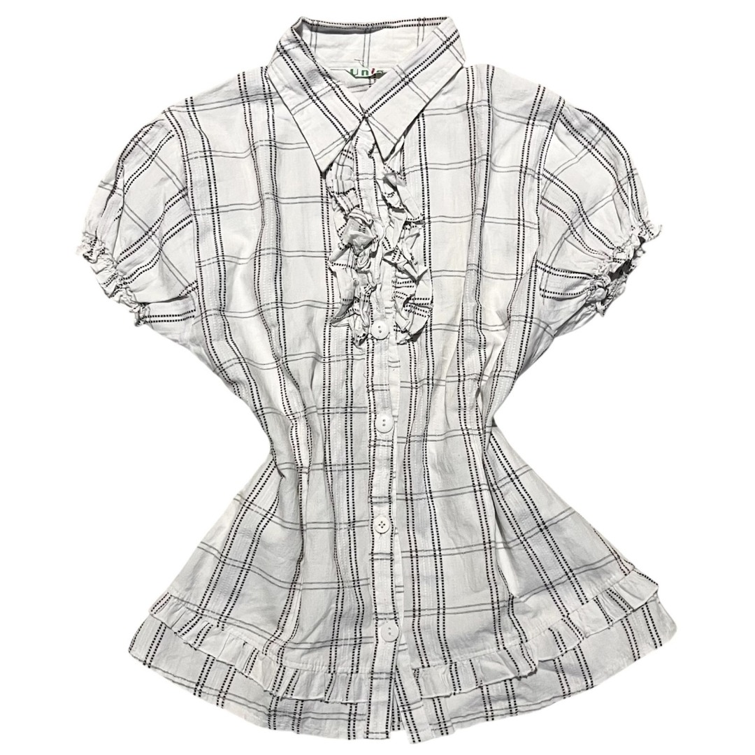 Ruffle Puffy Plaid Emboss Milkmaid Preppy Top | academia office core ...