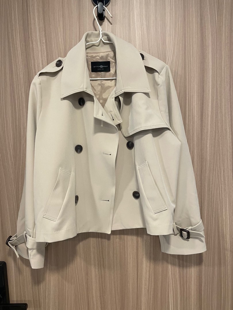 Stitch & Snap Seoul Double-Breasted Cropped Trench Coat Jacket, Women's Fashion, Coats, Jackets ...