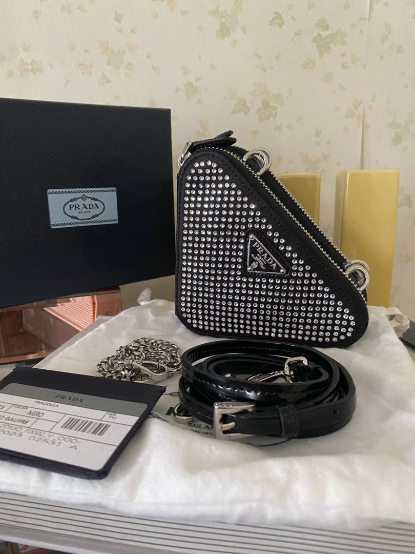 FAST SALE - NBU Prada mini triangle crystal embellishment black, Barang ...