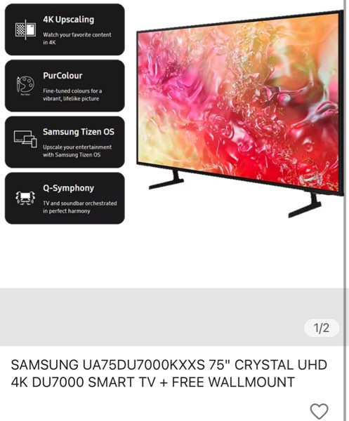Samsung 75" Crystal UHD 4K Smart TV UA75DU7000KXXS, TV & Home ...