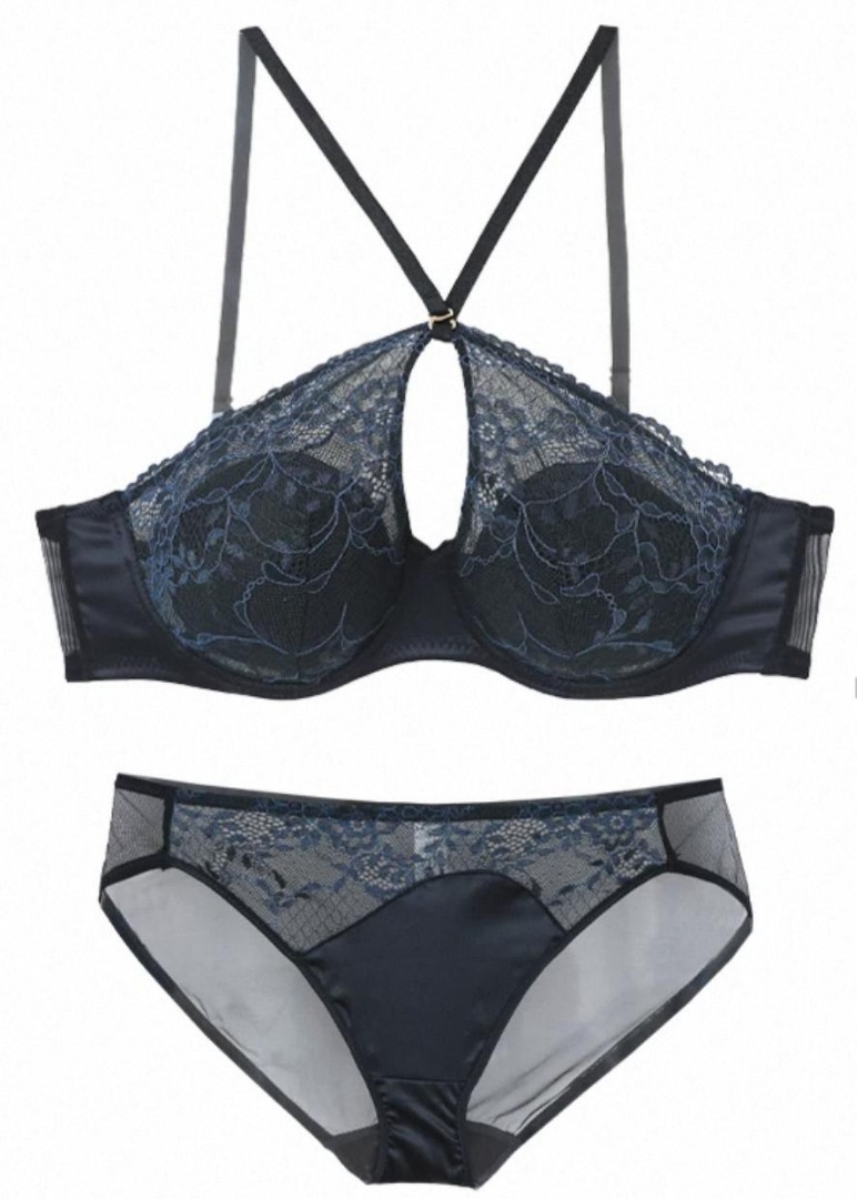 Brand New Front Cross Halter Style Floral Lace Black Bra + Panty Set ...