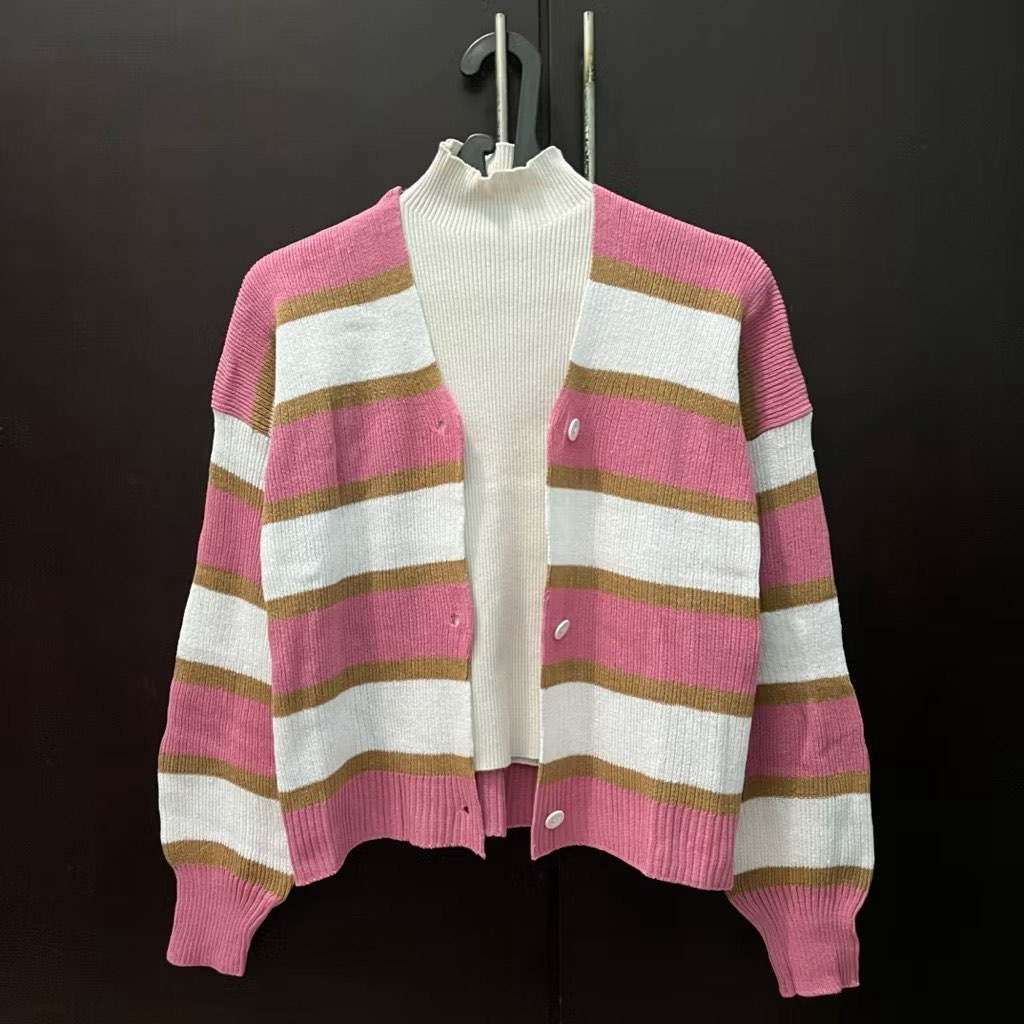 Cardigan motif salur striped knit rajut lidi kepang| Cardigan tweed old ...