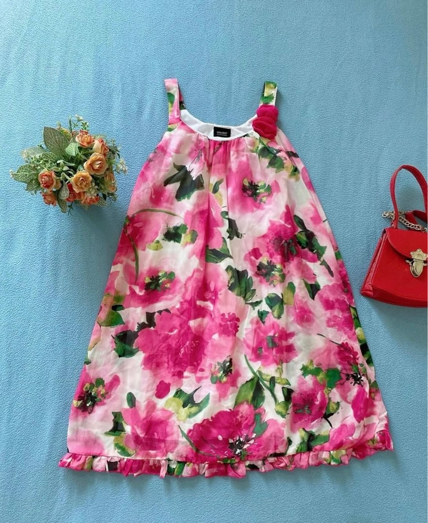 SALE Dress Bunga pink putih white floral flower chifon sifon, Fesyen ...