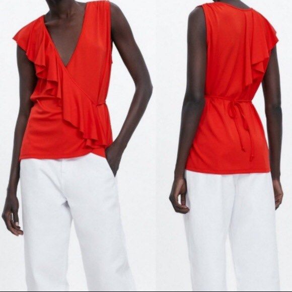 🧾NWT Zara Red Ruffle Wrap Blouse, Women's Fashion, Tops, Sleeveless on ...