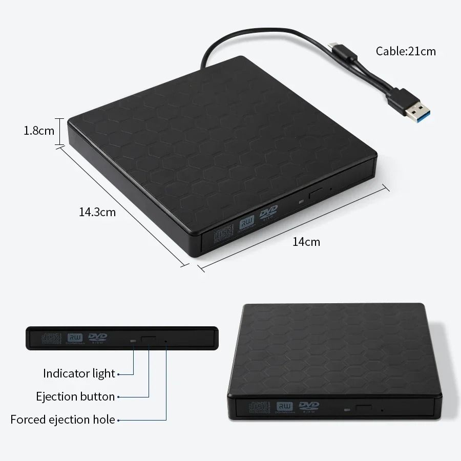 2 in 1 USB3.0 Type C Slim External Optical Drives DVD Burner DVD RW CD ...