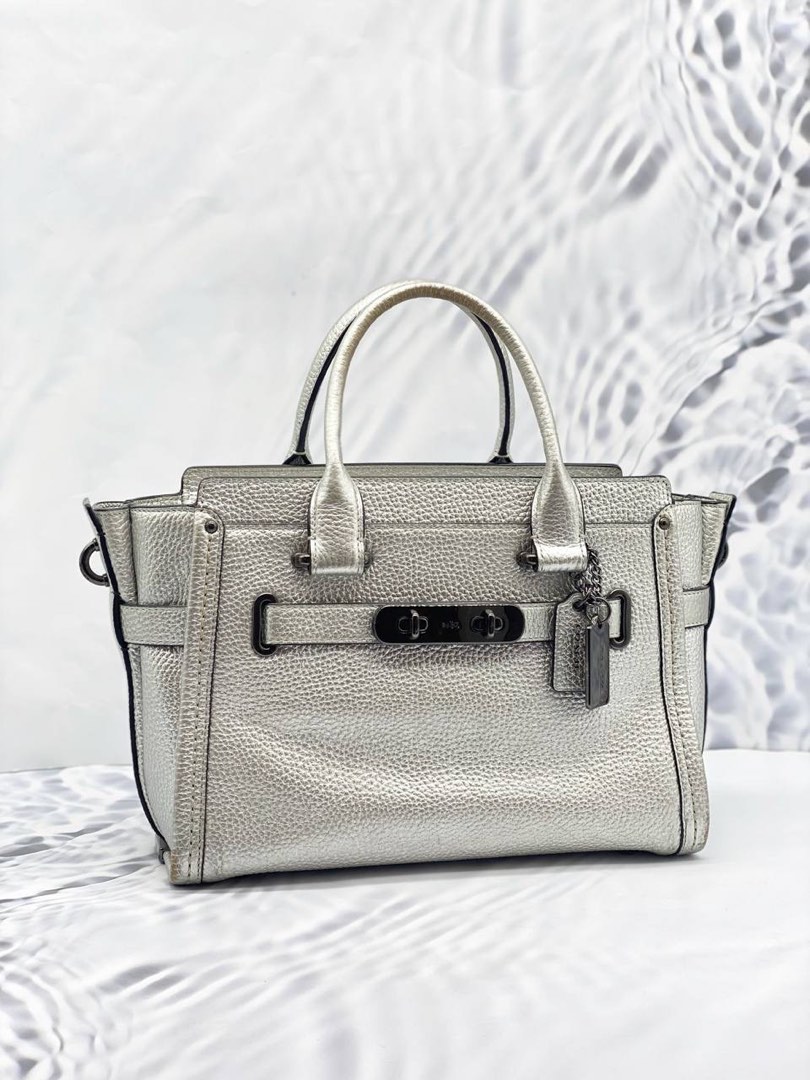 COACH SWAGGER CARRYALL TOP HANDLE BAG IN SILVER PEBBLED LEATHER, Luxury ...