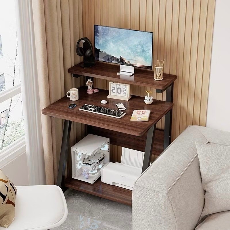 Compact Computer Desk Table | Two-Layer Monitor Shelf Table | Dark Wood ...