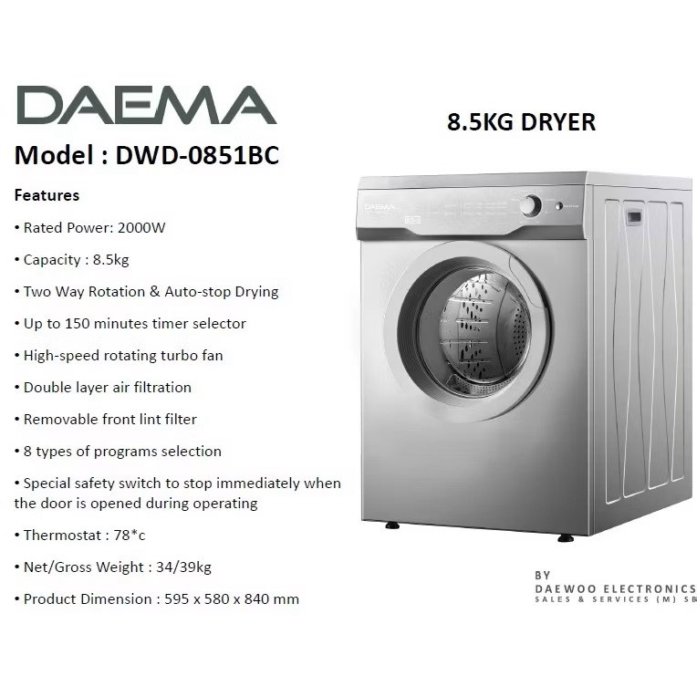 DAEMA DRYER 8.5KG, TV & Home Appliances, Washing Machines and Dryers on ...