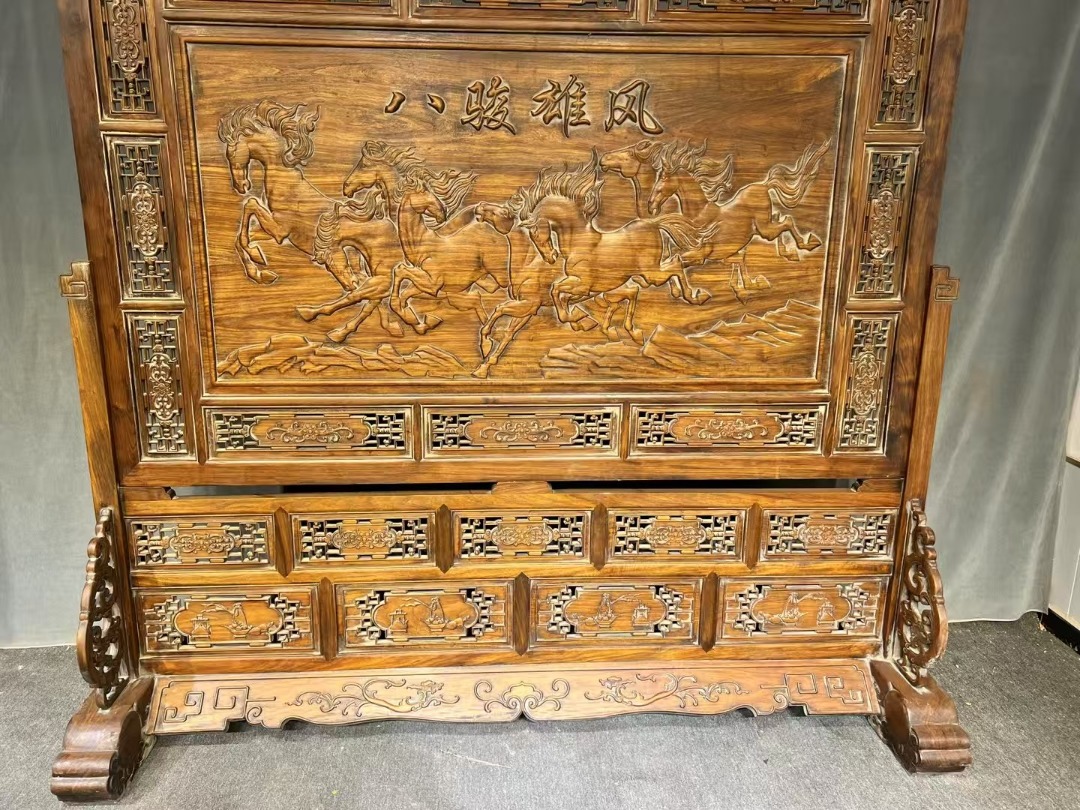 旧藏黄花梨木老旧八骏图屏风Old Huanghuali wood eight horses picture screen, Hobbies ...