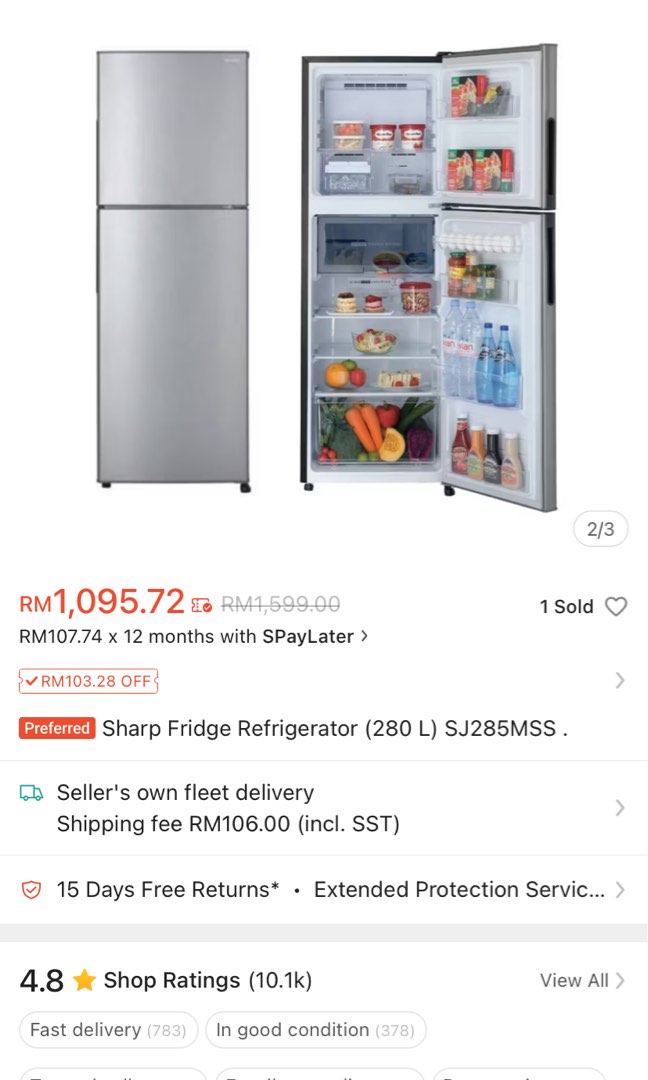 Sharp 2 door fridge (Model SJ-285M-SS), TV & Home Appliances, Kitchen ...