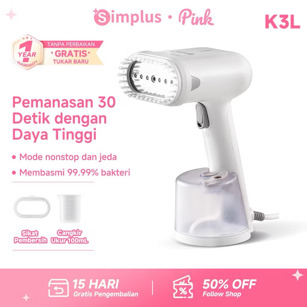Simplus Pink Handheld Garment Steamer 280ml Large Water Tank 1200W High Power 30 Second Quick ...