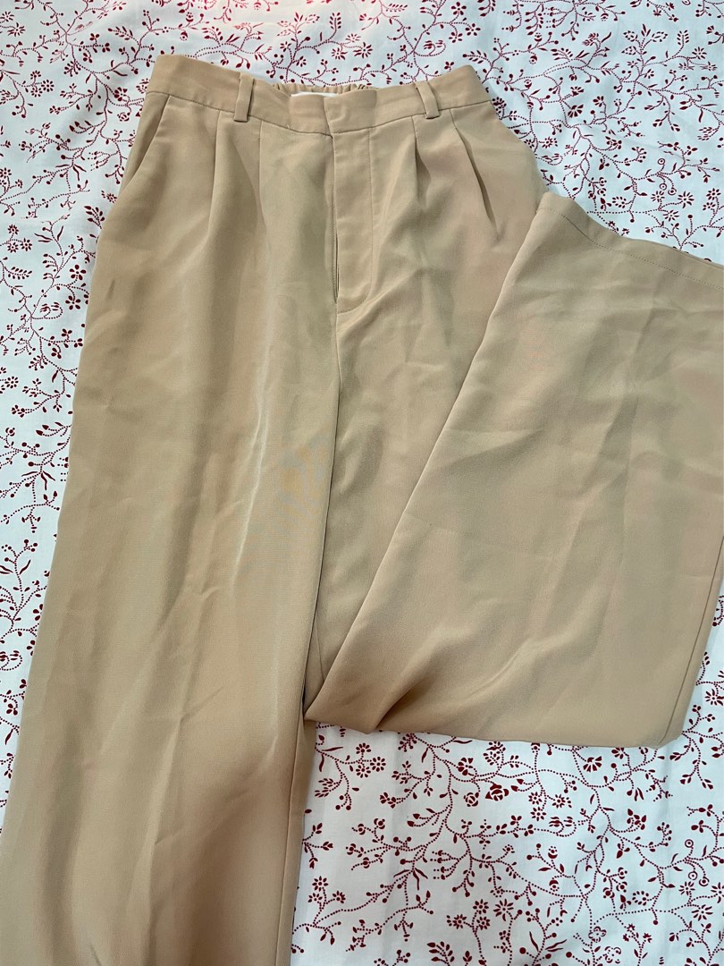 TROUSERS CREAM BROWN FLOWY PANTS CELANA BAHAN, Fesyen Wanita, Pakaian ...