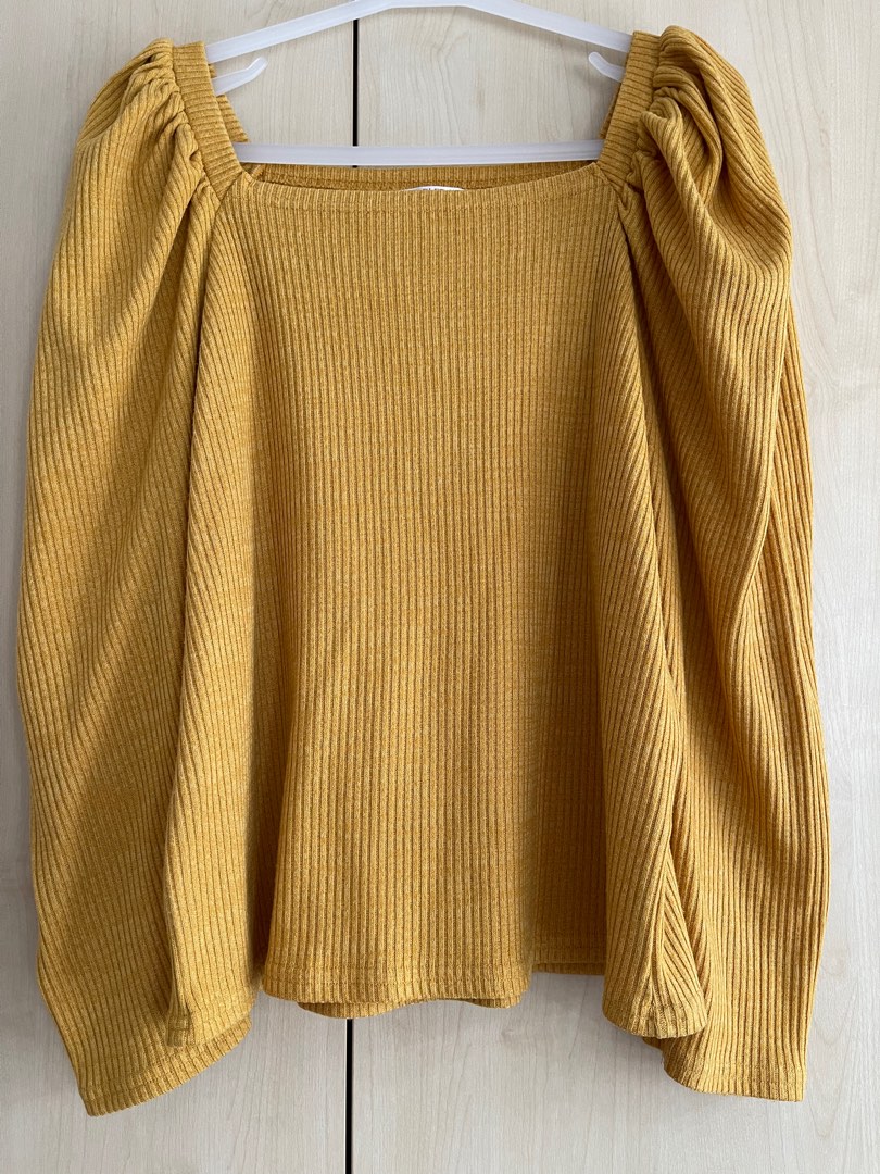 Wide Neck with Puff Shoulders Blouse in Mustard, Women's Fashion, Tops ...