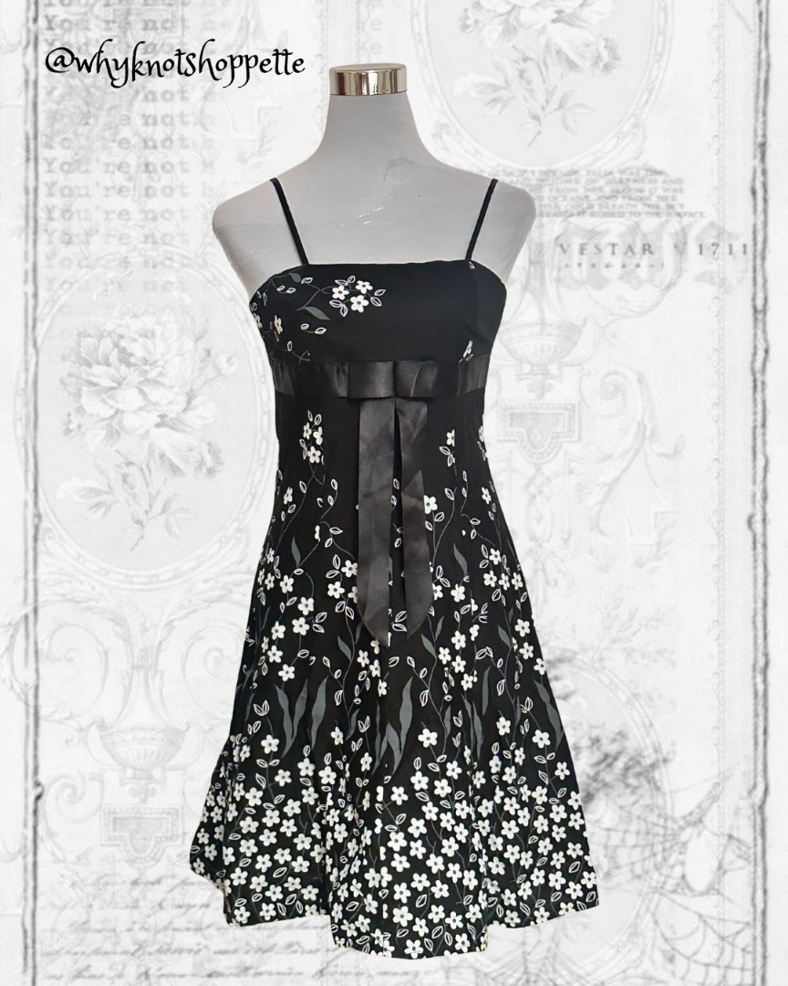 2000s Rom-Com Coquette Black Floral Midi Dress with Satin Ribbon ...