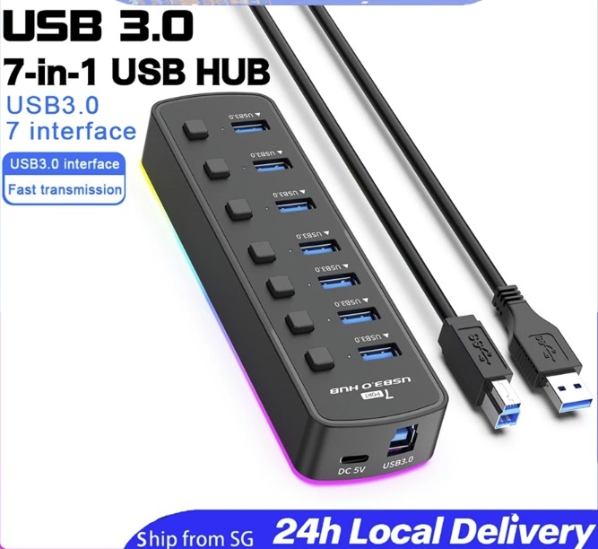 7-in-1 USB 3.0 HUB | USB HUB Splitter with Separate Switch RGB LED USB ...