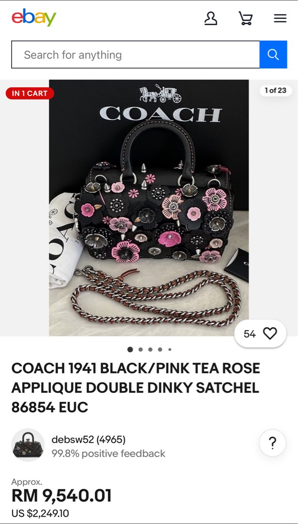 COACH 1941 BLACK/PINK TEA ROSE APPLIQUE DOUBLE DINKY SATCHEL, Luxury ...