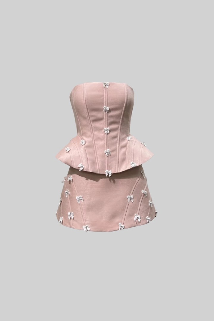 Elegant Pink Bow Coords Set Corset Top and Skirt, Women's Fashion ...