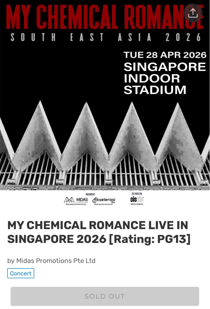 selling 2x MCR cat 1 section 212 (my chemical romance Singapore ...