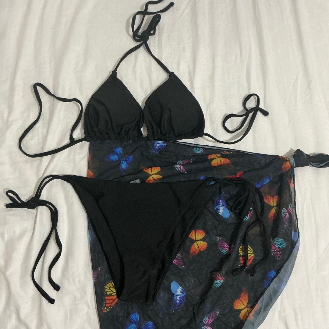 3-in-1 PLAIN BLACK SELF TIE BIKINI SWIMSUIT, Women's Fashion, Swimwear ...