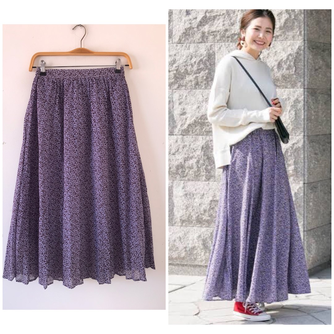 GU by Uniqlo Skirt Maxi Chifon in Floral Lilac S, Fesyen Wanita ...